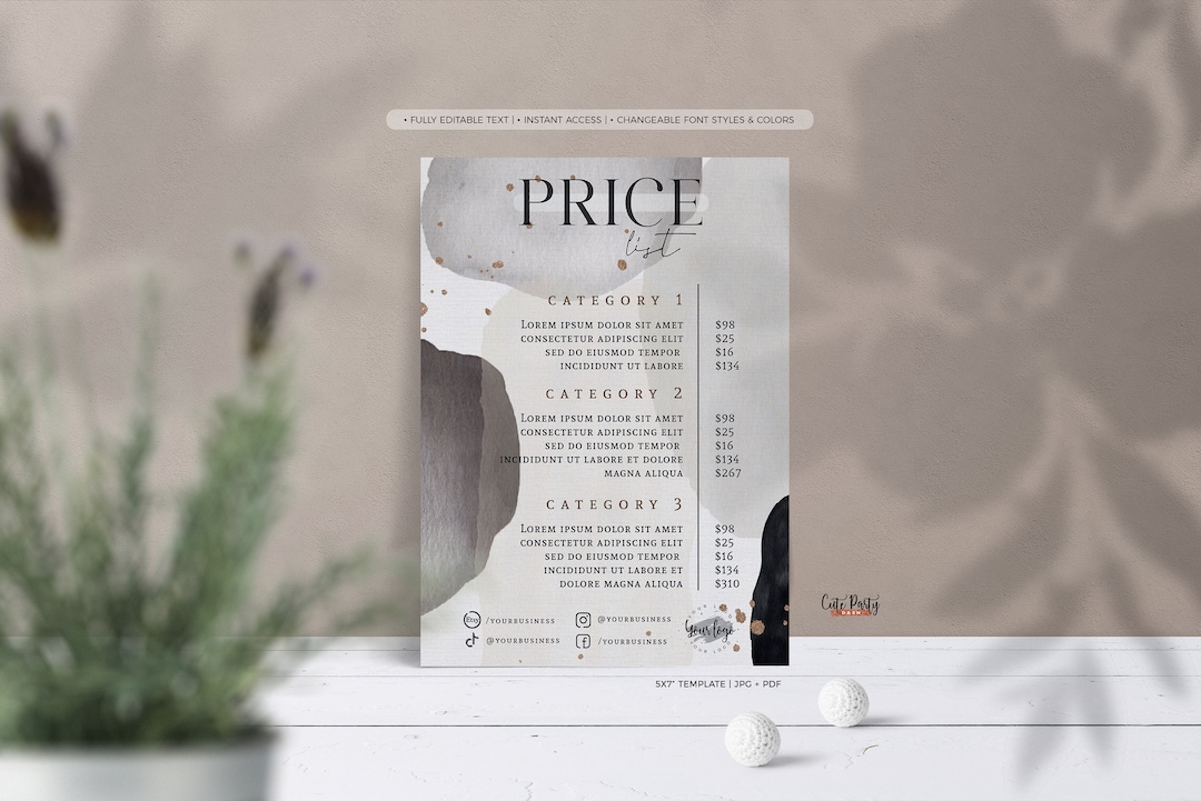 Price List Template Editable, INSTANT DOWNLOAD, Printable Price Sheet ...