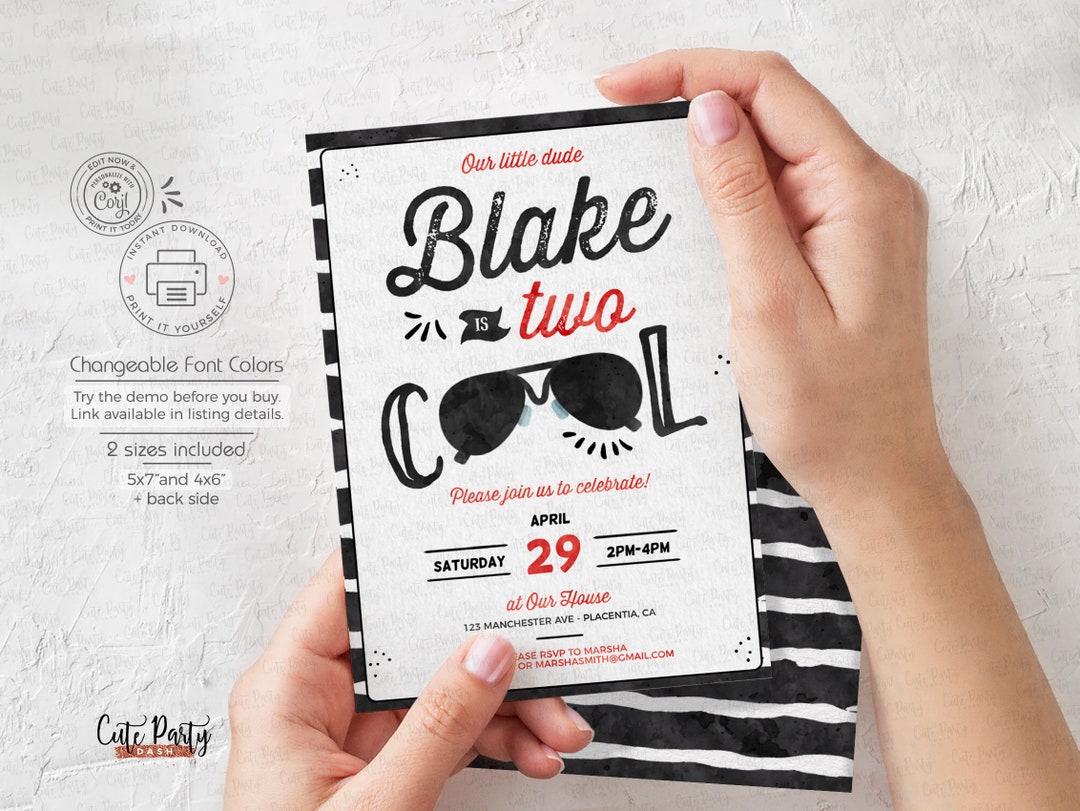 Two Cool Birthday Invitation, Boy 2nd Birthday, Editable Template ...