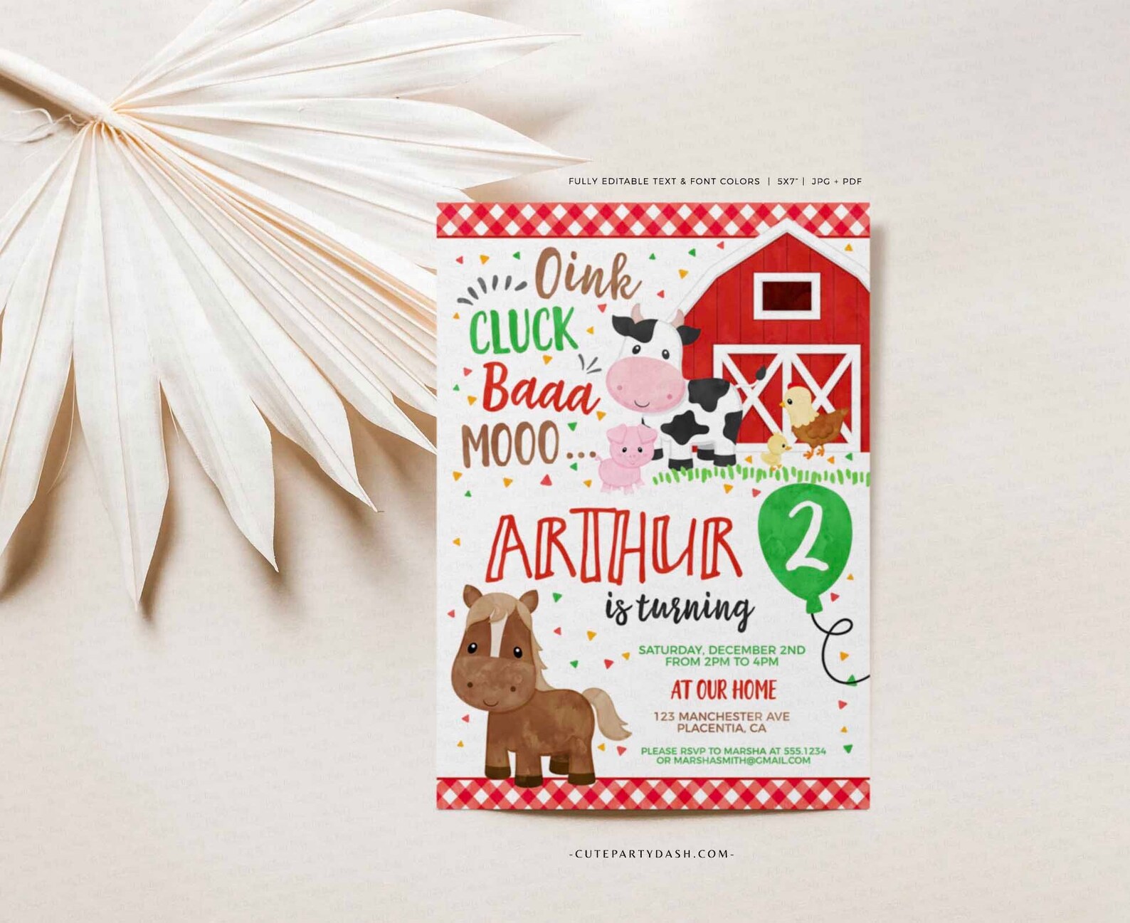 Red Barnyard Birthday Party Invitation, Farm Animals Invite, Gingham ...