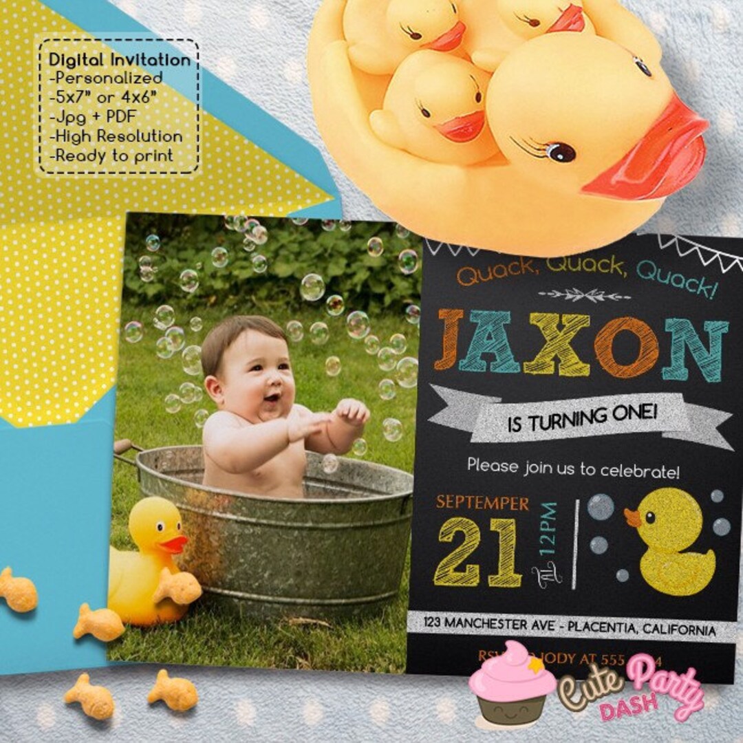 Rubber Duck Chalkboard Birthday Party Photo Invitations DIY - Etsy