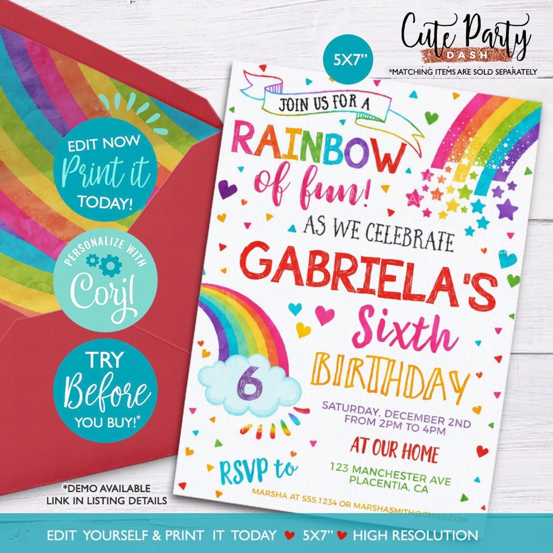 INSTANT DOWNLOAD, Editable Colorful Rainbow Birthday Party Invitations ...
