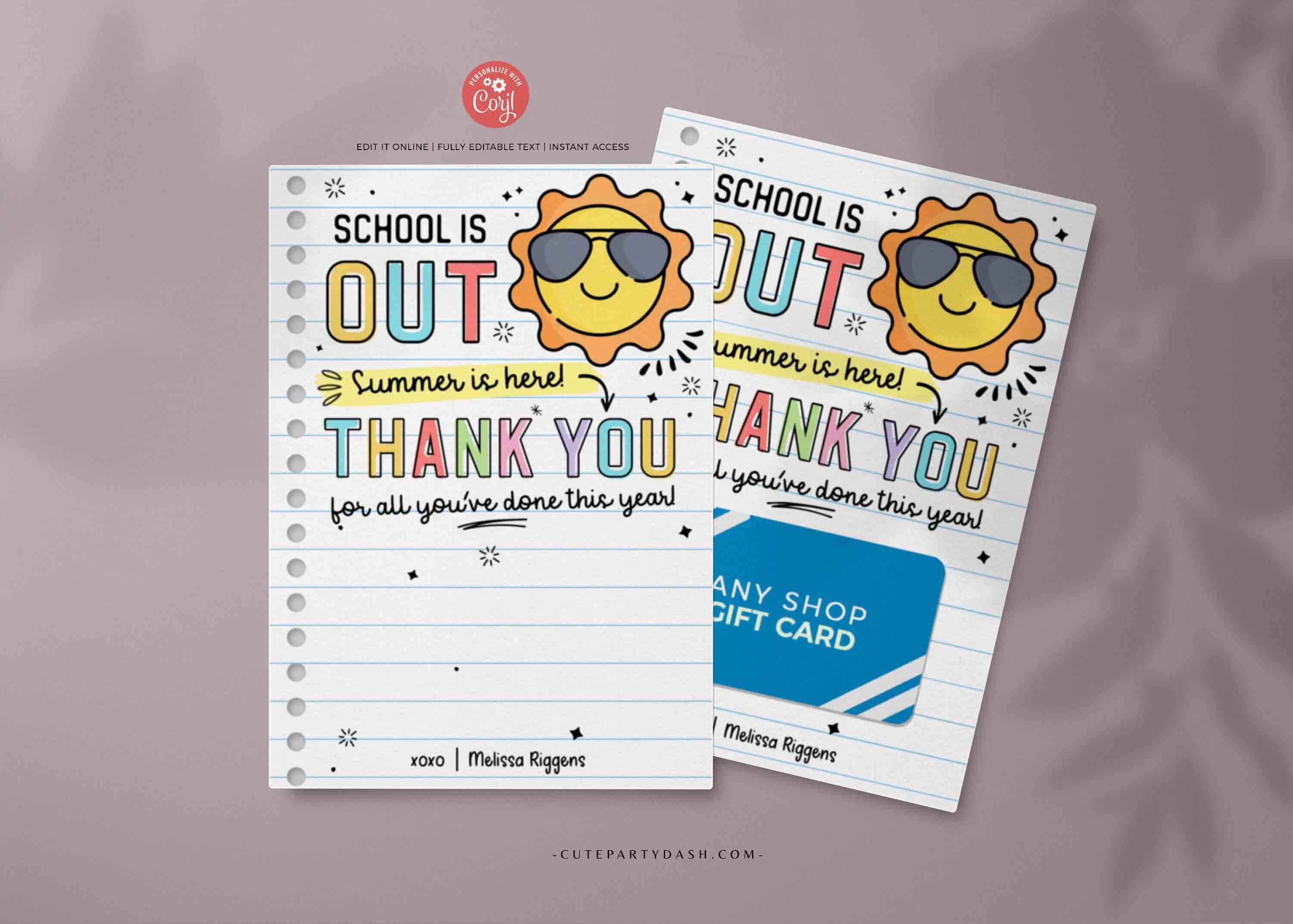 End of Year Teacher Gift Card Holder, Summer Thank You (printable ...