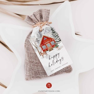 Happy Holidays Gift Tags, Editable Merry Christmas Winter Forest Hang ...
