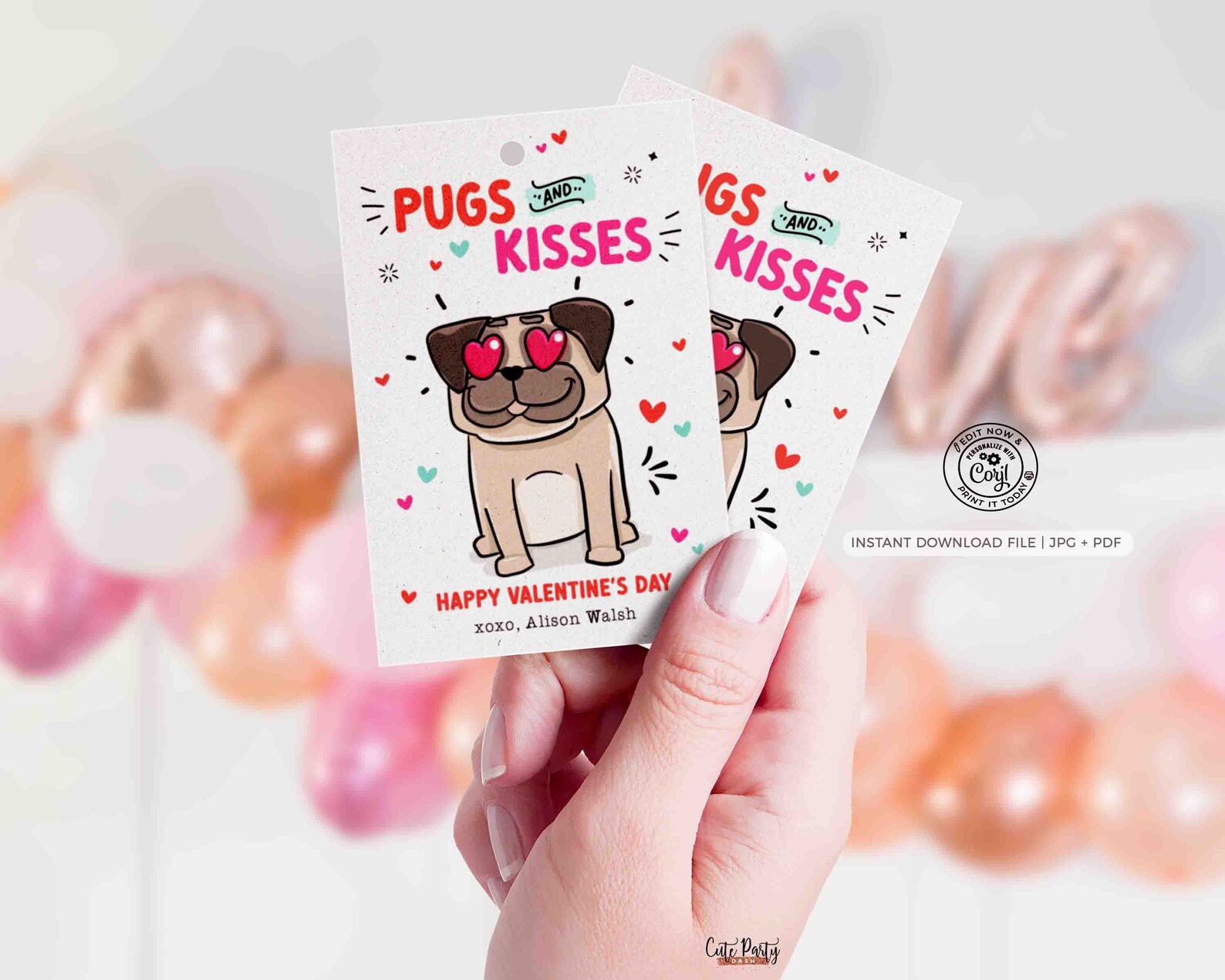 Printable Pugs and Kisses Valentine's Day Tag: Kids School Card ...