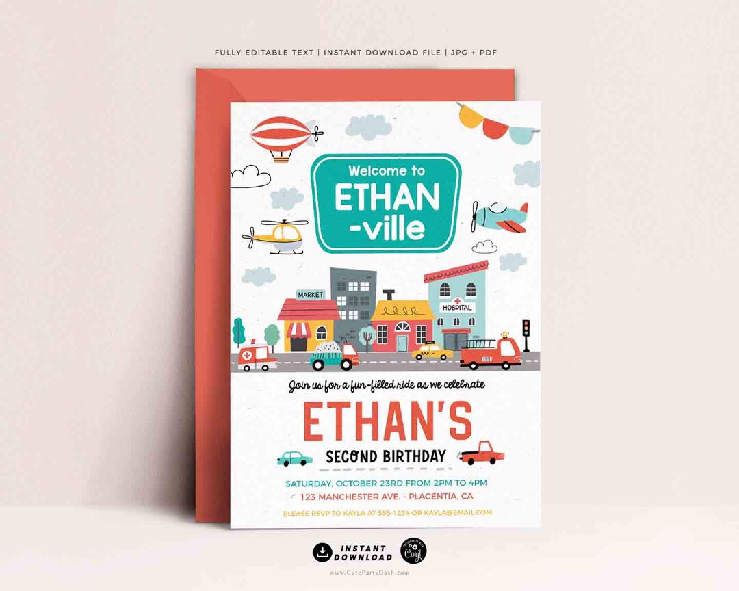Transportation Birthday Invite Printable INSTANT DOWNLOAD, Editable ...
