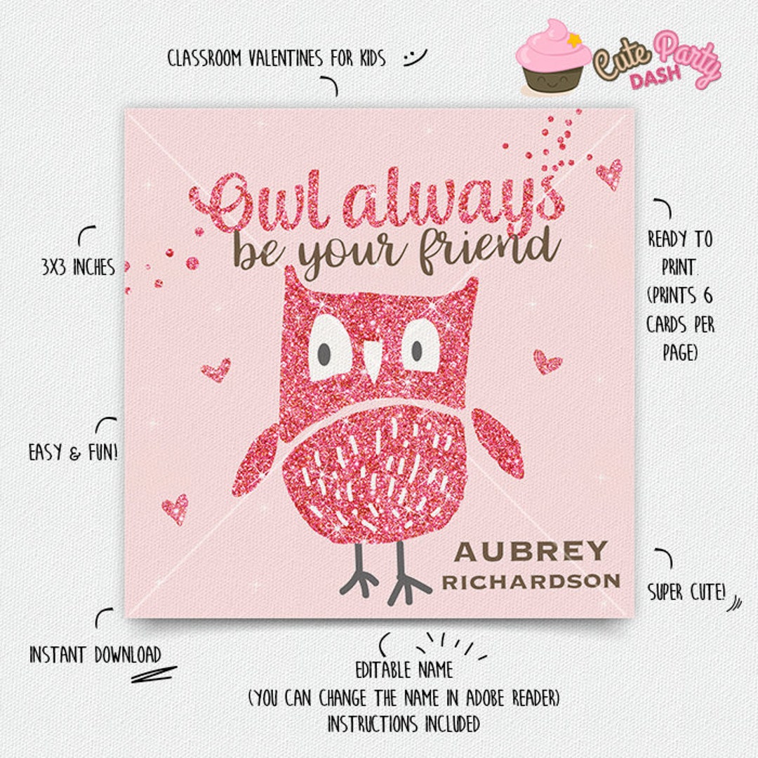 Editable Glitter Owl Valentine's Day Card (instant Download) - Etsy