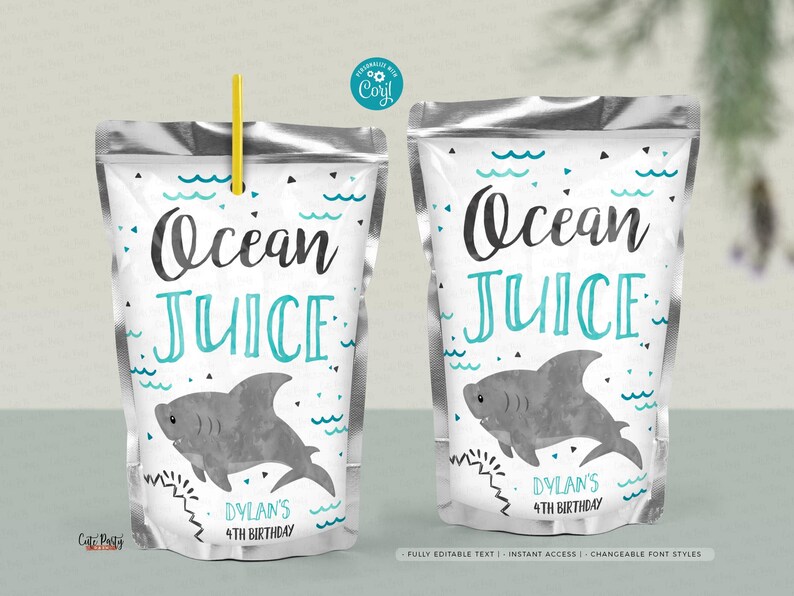 EDITABLE Sharks Birthday Printable Juice Label Template - Etsy