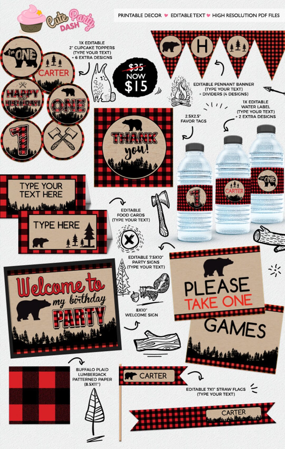 INSTANT DOWNLOAD - EDITABLE Lumberjack First Birthday Decoration ...