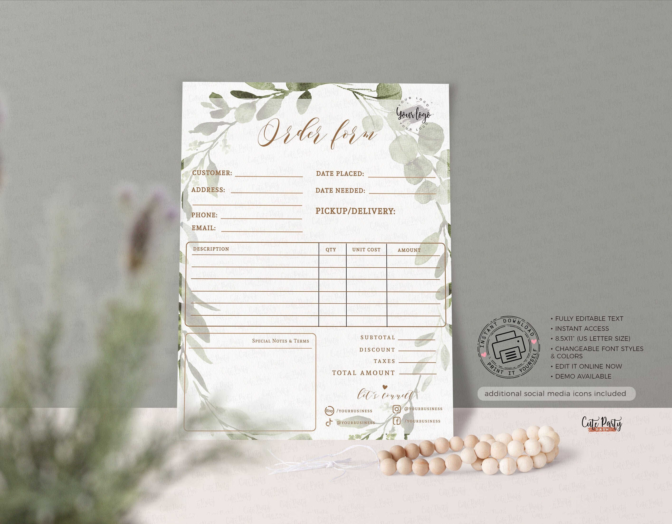 Greenery Order Form Template Editable INSTANT DOWNLOAD - Etsy