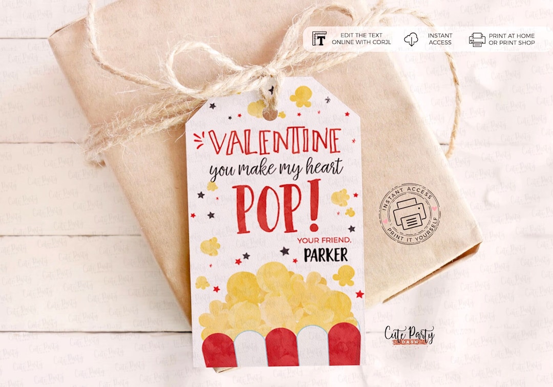 Valentine Popcorn Tag Printable INSTANT DOWNLOAD, Valentine's Day Gift ...