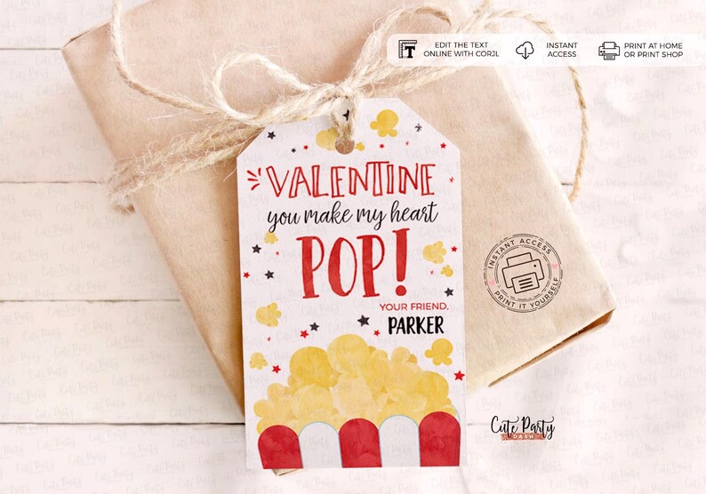 Valentine Popcorn Gift Tag: Editable Favor Tag (instant Download) - Etsy