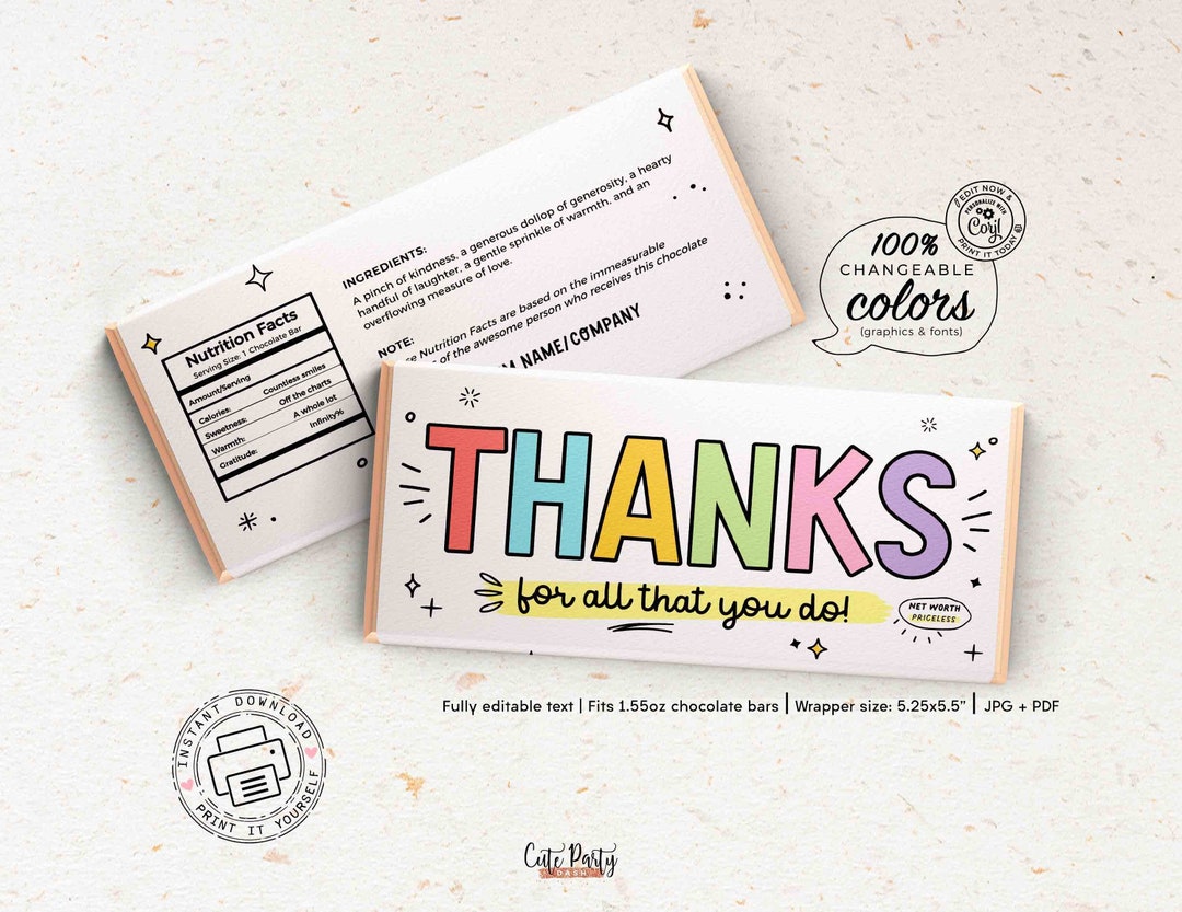 Thank You Chocolate Bar Wrapper: Teacher, Coach, Staff Gift (INSTANT ...