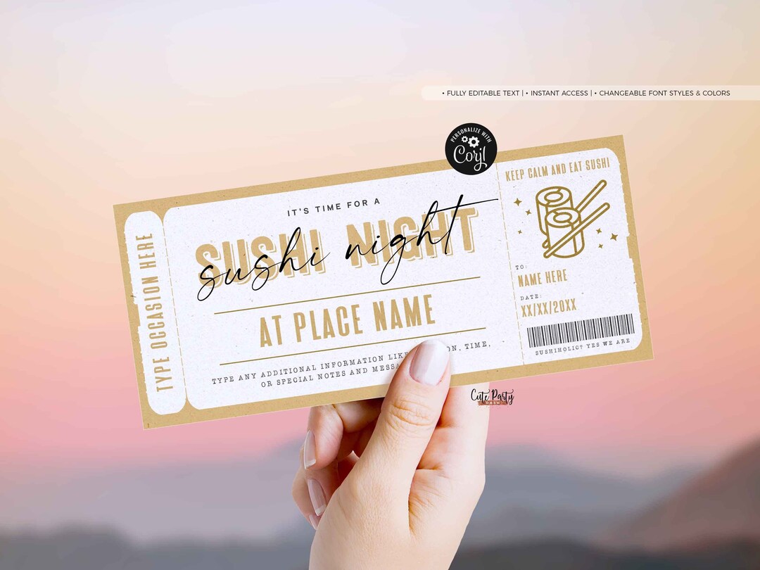 Sushi Night Gift Voucher Template: Editable Date Night Ticket (digital ...