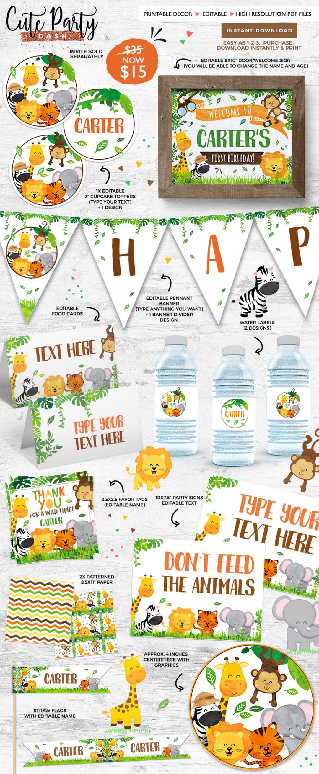 Safari Birthday Decorations: Jungle Party Printables (editable, Instant ...