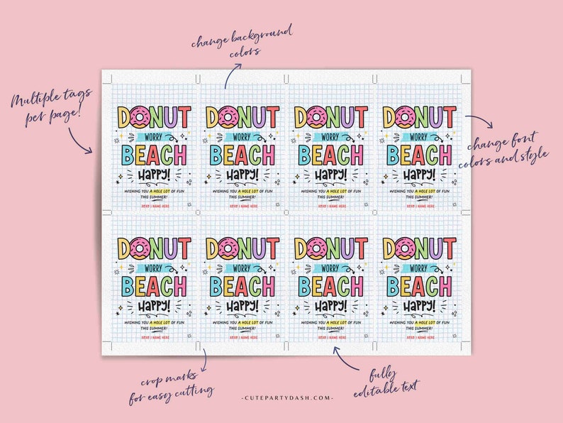 Donut Worry Beach Happy Gift Tag Printable (INSTANT DOWNLOAD) - Etsy