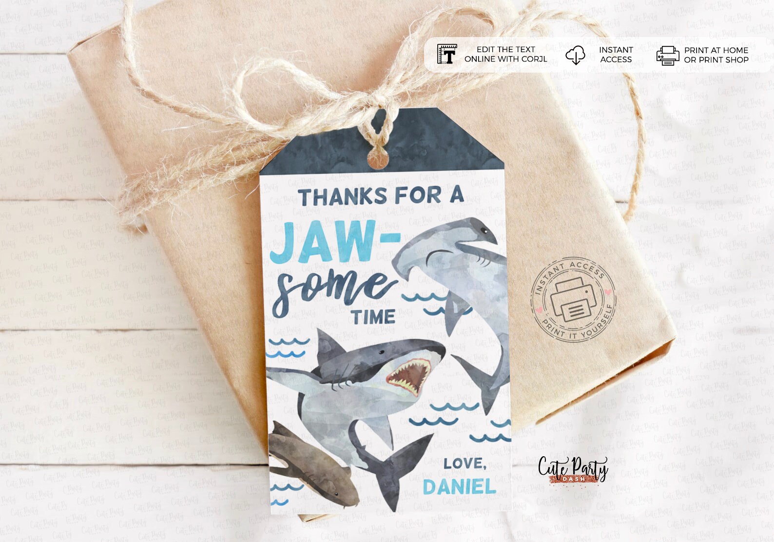 Shark Birthday Favor Tags Shark Jawsome Time Watercolor - Etsy