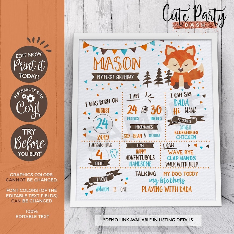 INSTANT DOWNLOAD Fox Birthday Decoration Woodland First - Etsy