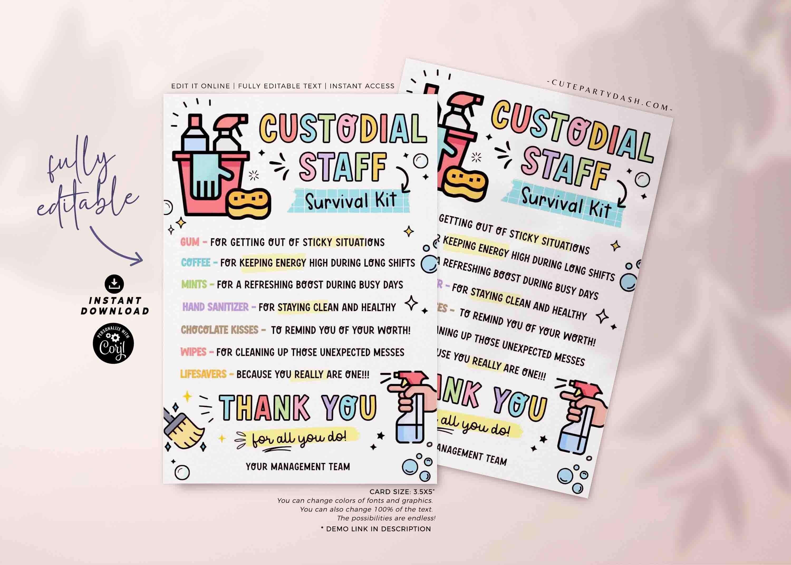 Custodian Staff Survival Kit Tag: Appreciation Gift (printable INSTANT ...