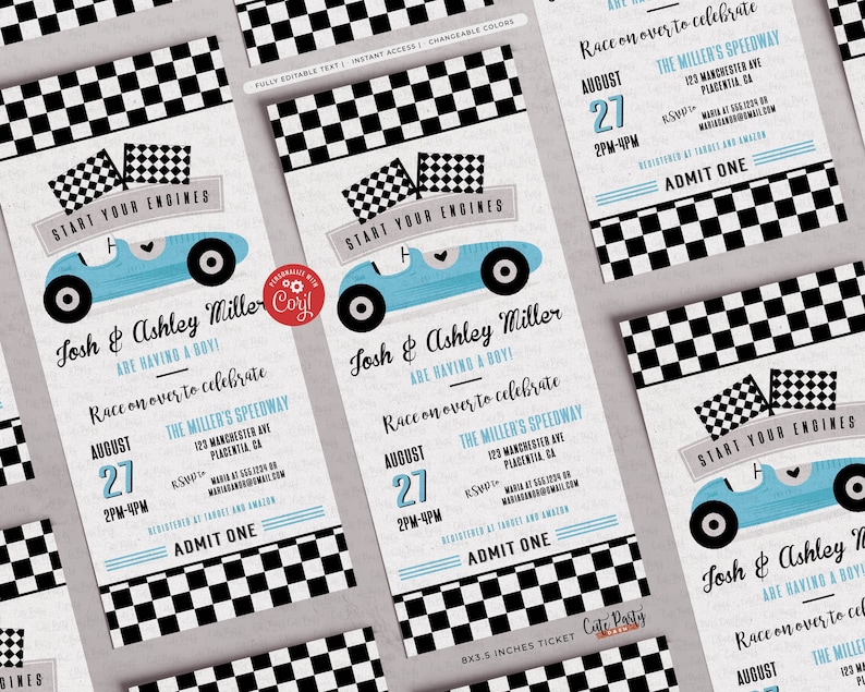 Editable Blue Race Car Baby Shower Ticket Invitation INSTANT - Etsy