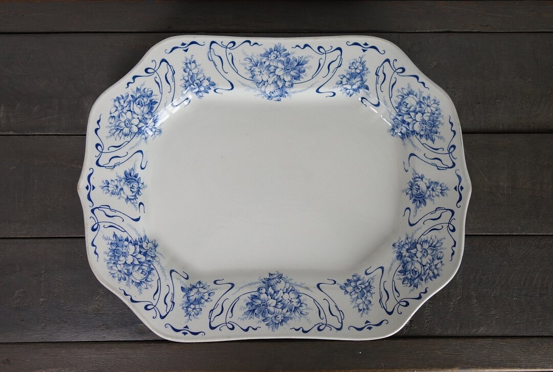 Large Antique Platter, Decoration of Flowers and Arabesques, Blue and ...
