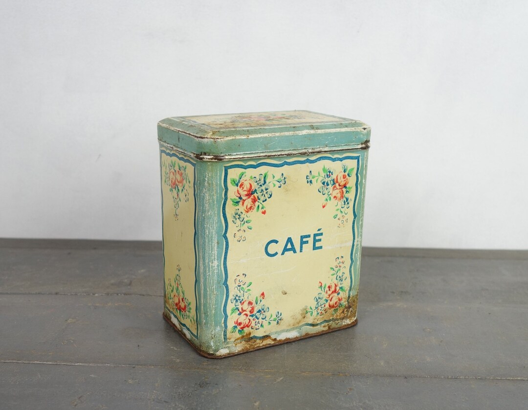 French Antique Coffee Box, Screen Printed Sheet Metal, Flower Decor ...