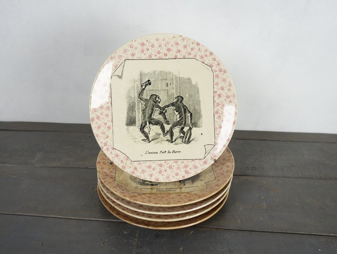 Set of 5 French Antique Talking Plates, Dessert Plates, Animals Decor ...
