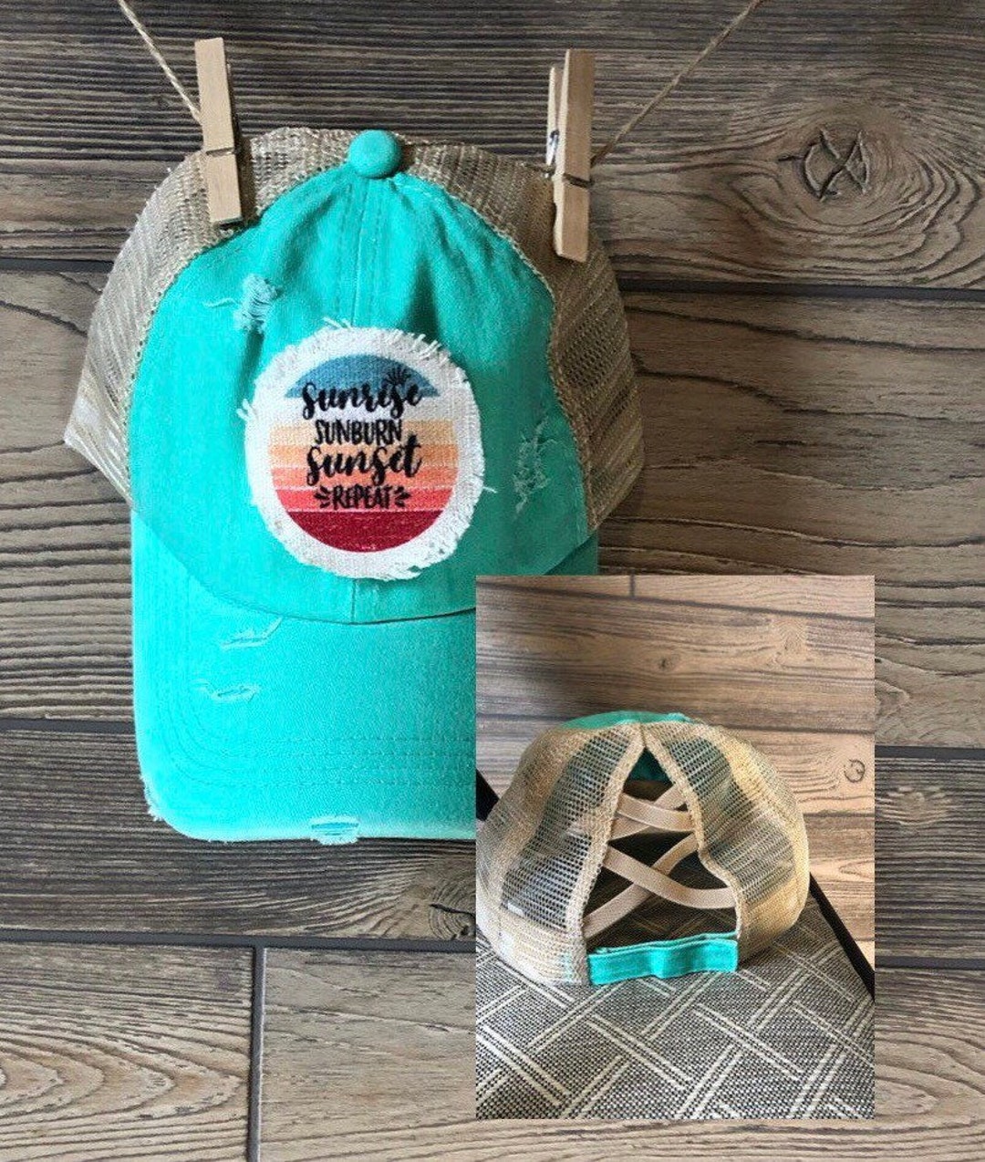 Aqua Sunrise, Sunburn, Sunset, Repeat Womens Criss-criss Ponytail Hat ...