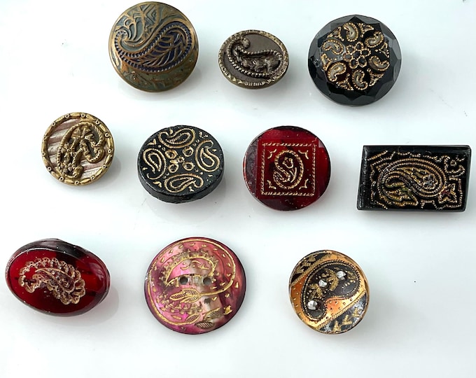 Lot 10 Antique Paisley Black Ruby Glass Metal Pearl Old Buttons Shapes ...