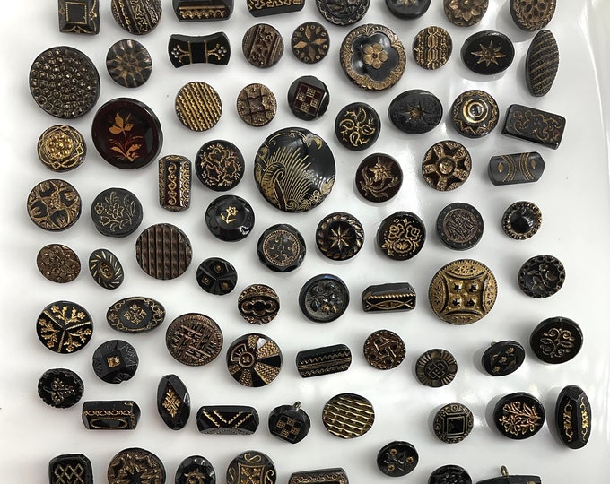 Lot 75 Antique Black Glass Gold Luster Outline Antique Buttons Old ...