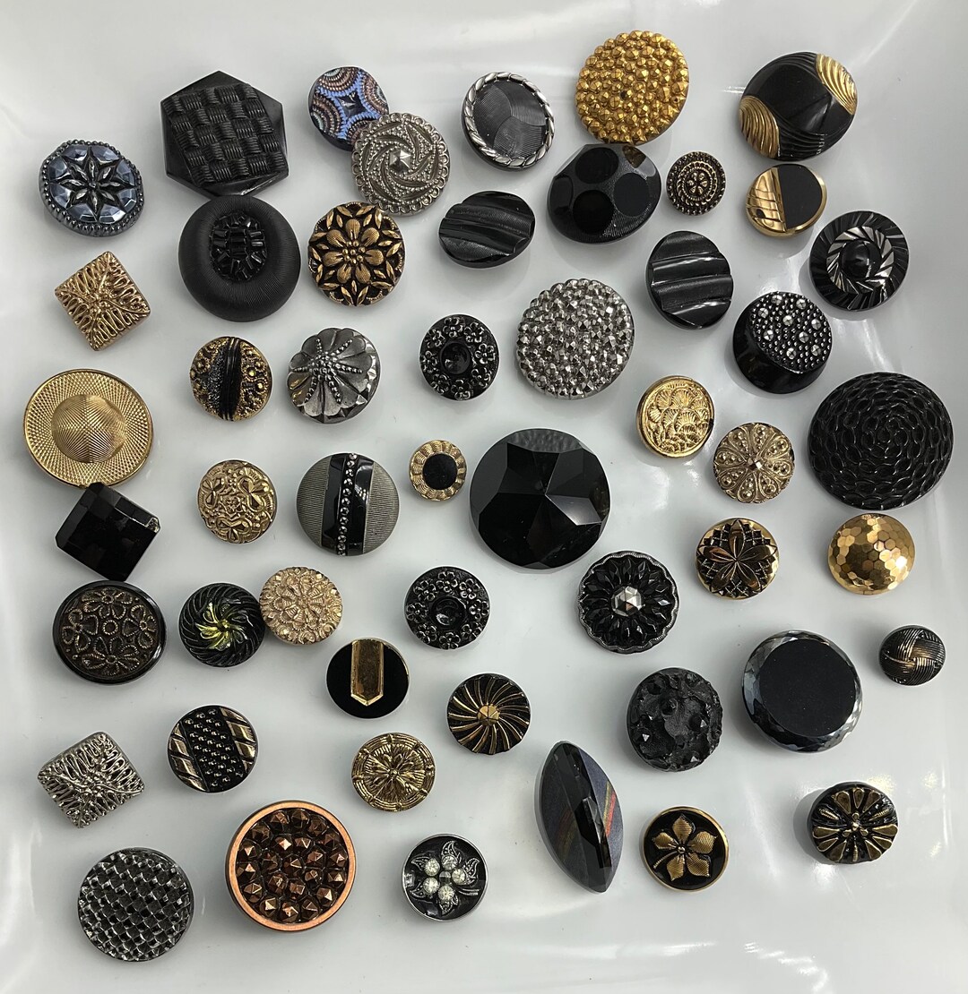Bulk Lot 50 Vintage Black Glass Buttons Variety Gold Silver Luster ...