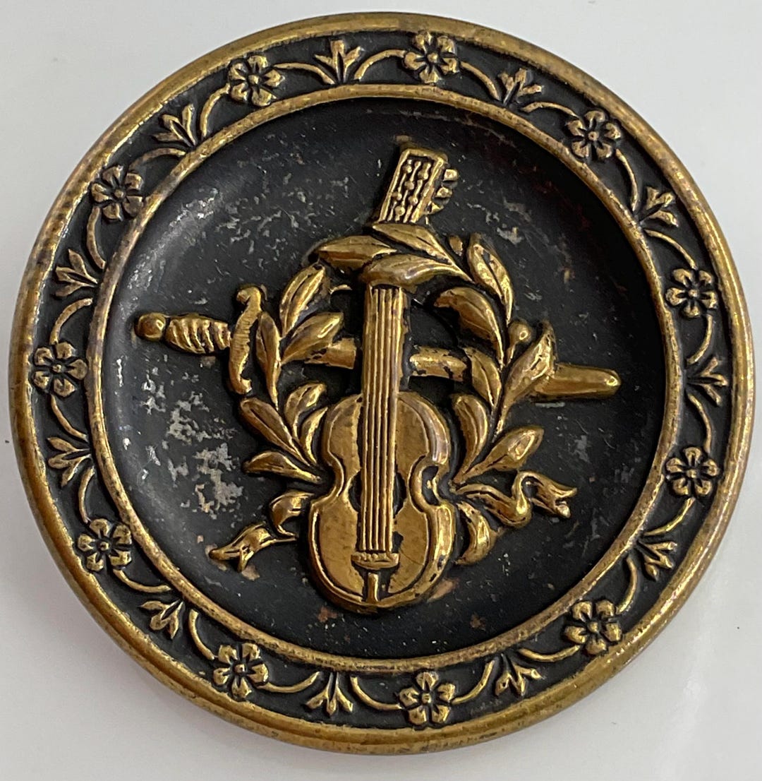 Large Antique Music Theme Sword Foliage Old Metal Picture Button ...