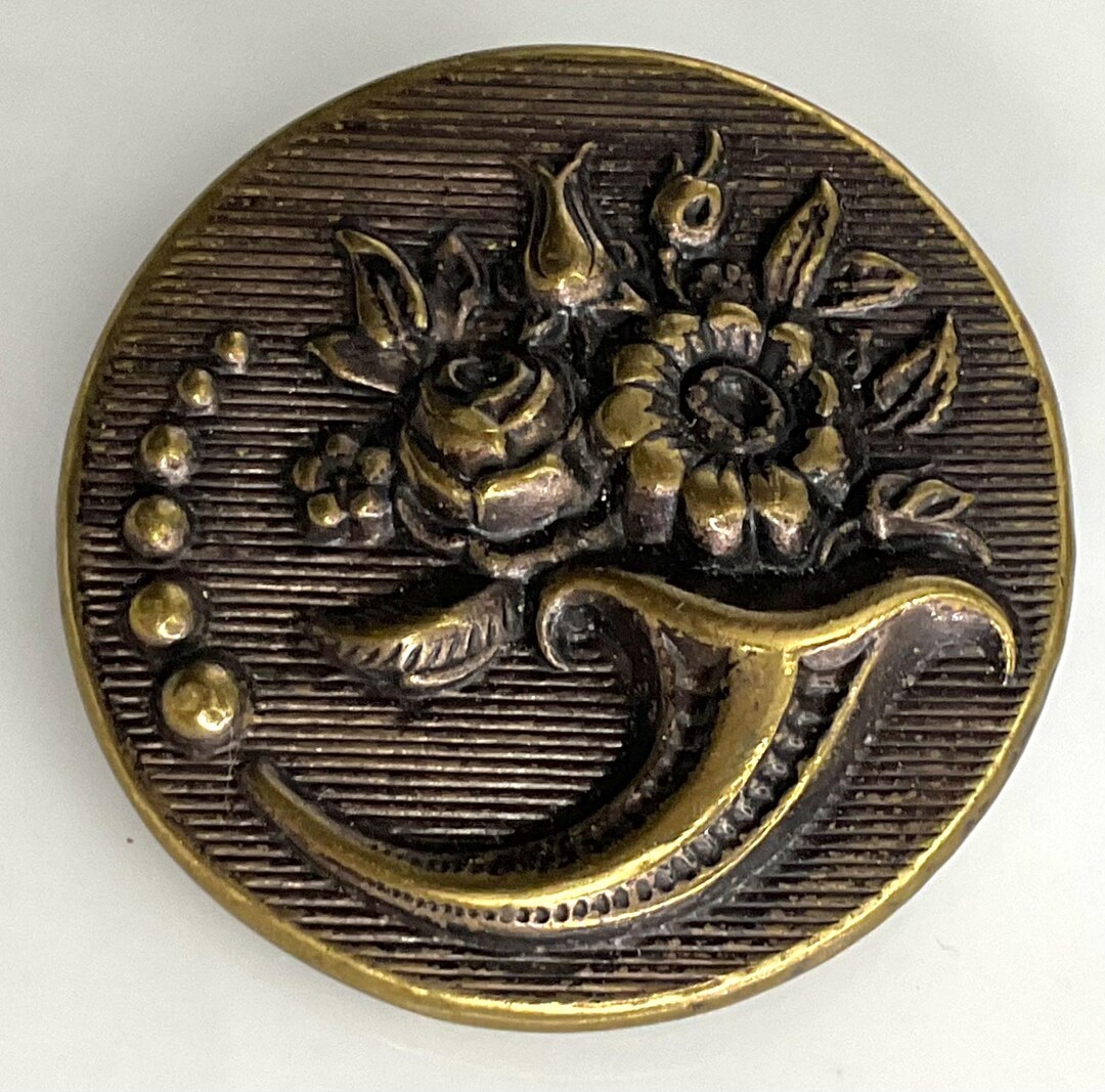 Cornucopia of Flowers Antique Metal Floral Picture Medium Button Old ...