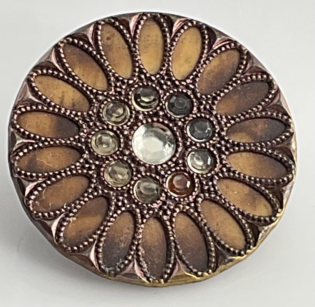 Large Antique Celluloid Background Openwork Metal Glass Jewels Flower ...