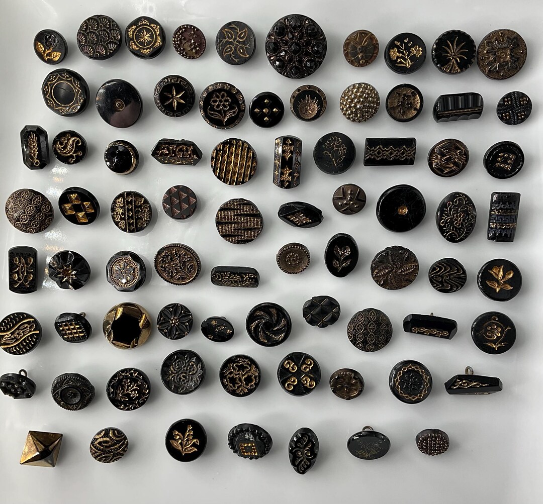 Lot 75 Antique Black Glass Gold Luster Outline Antique Buttons Old ...