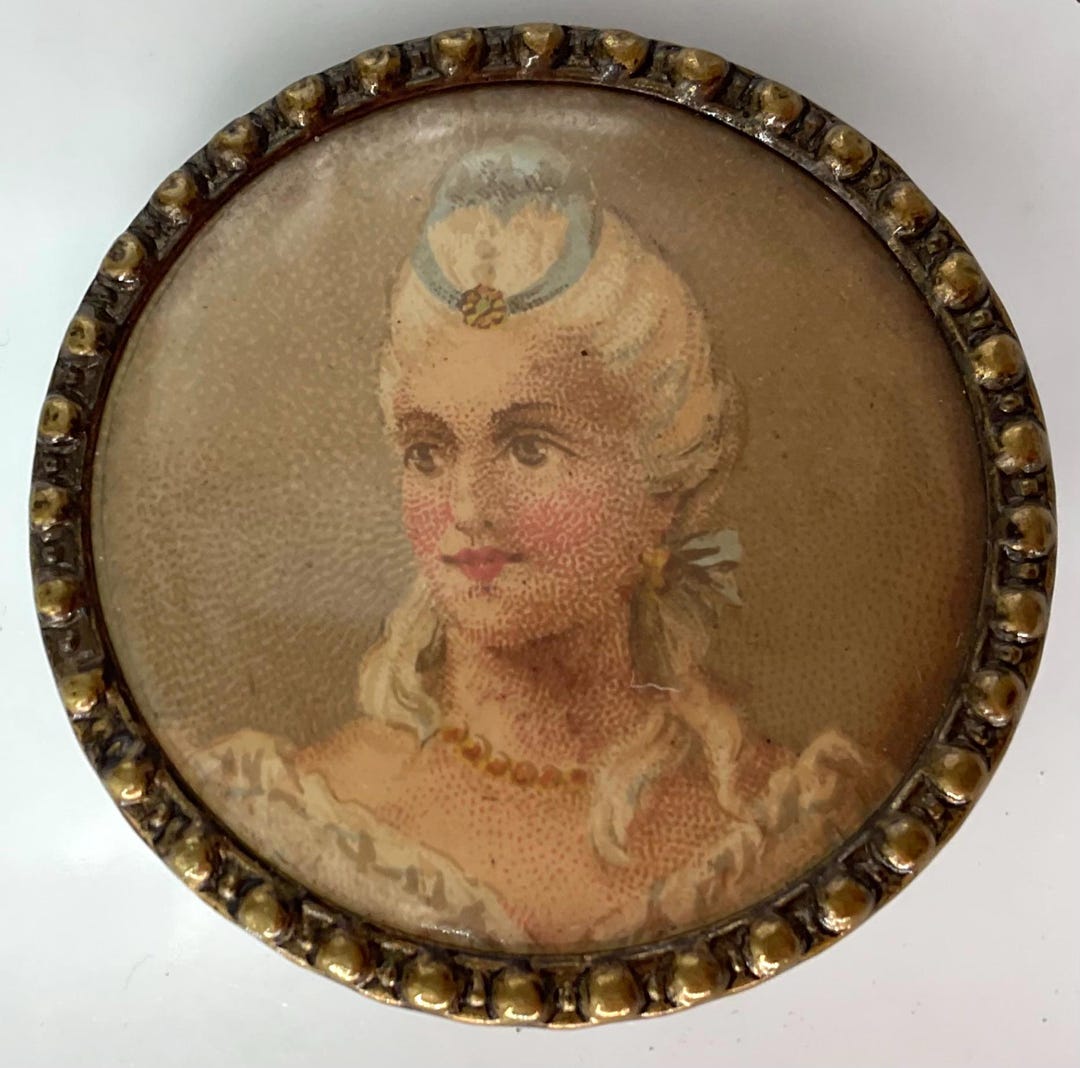 Color Lithograph Young Woman Portrait Metal Antique Button Celluloid in ...
