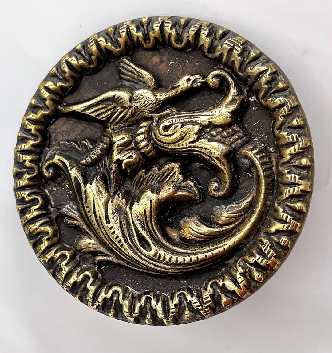 Large Metal Dragon Wings Flower Plant Antique Picture Button Old ...