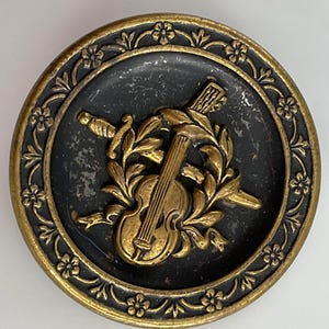 Large Antique Music Theme Sword Foliage Old Metal Picture Button ...