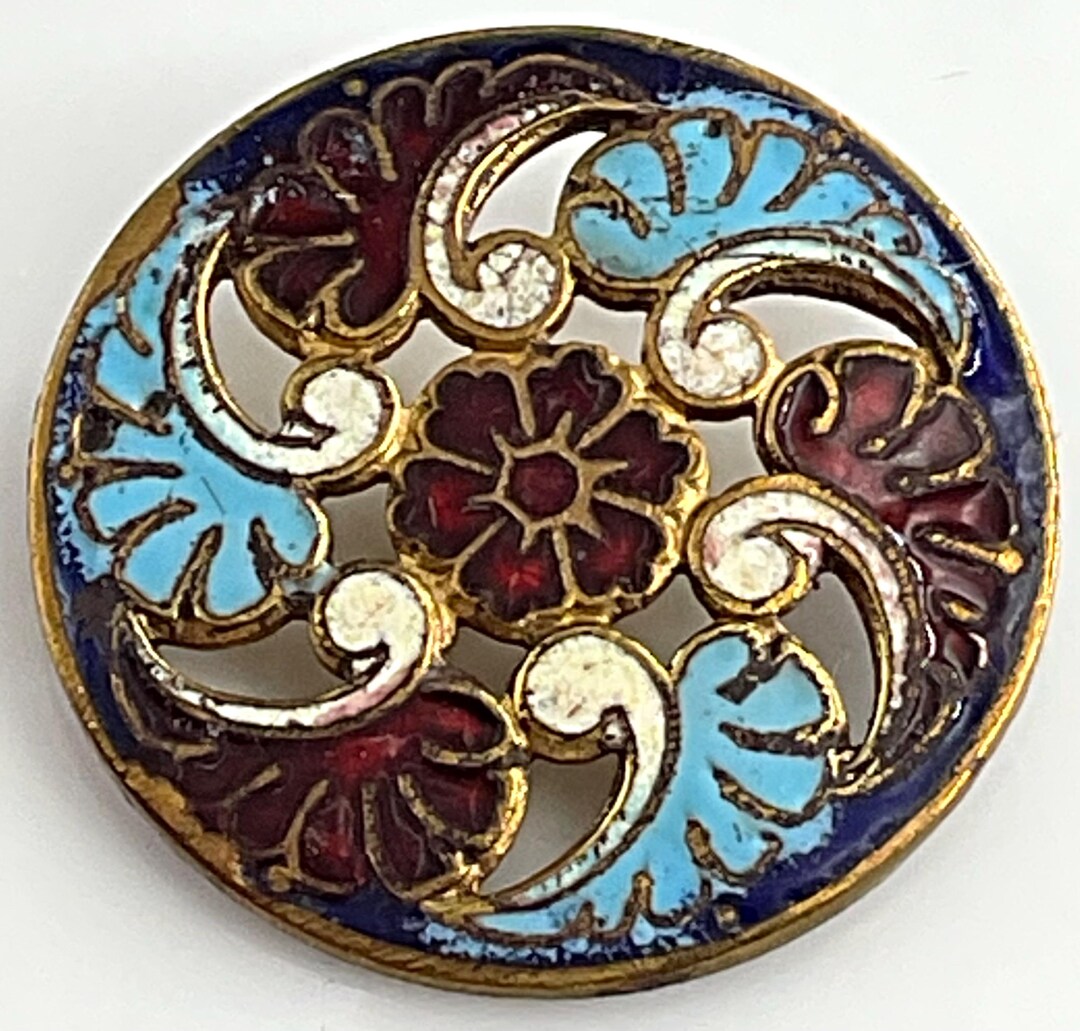 Victorian Colorful Floral Enamel Pierced Metal Button Antique Red ...