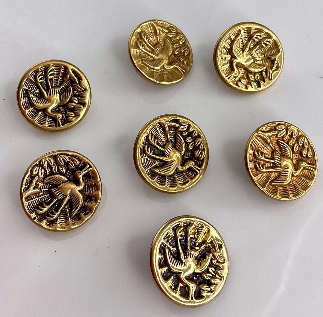 Set 7 Antique Metal Picture Buttons Crane Bird Old Pictorial Small ...
