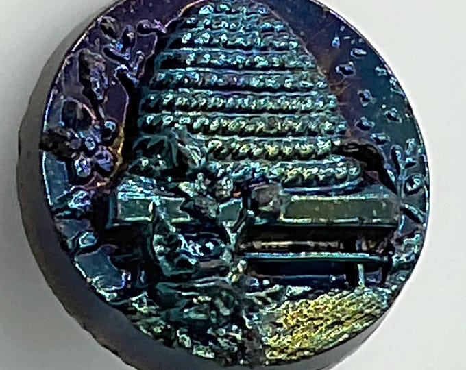 Small Antique Beehive Bees Picture Button Blue Carnival Luster ...