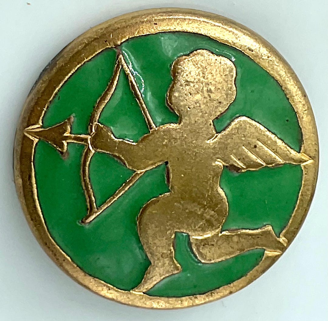 Vintage Cupid Cherub Bow Arrow Green Enamel Metal Picture Button Old ...