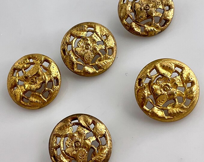Set 5 Antique Small Pierced Metal Old Buttons Victorian Floral Flowers ...