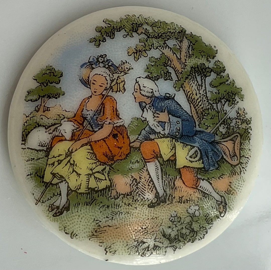 Couple Figures Courting Vintage Large Ceramic Transfer Button Metal Key ...