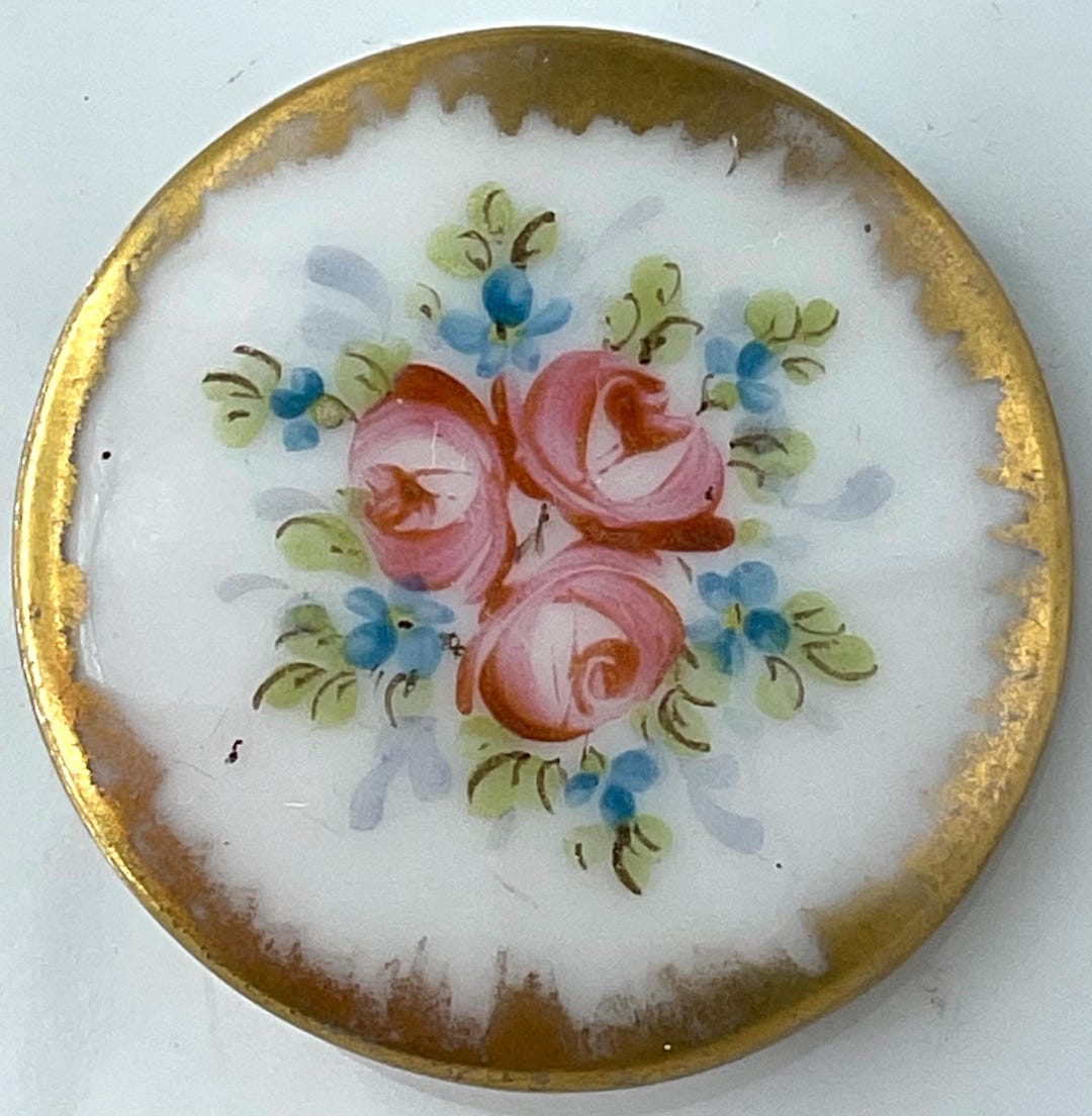Big Gorgeous Pink Roses Blue Flowers Hand Painted Porcelain Antique ...