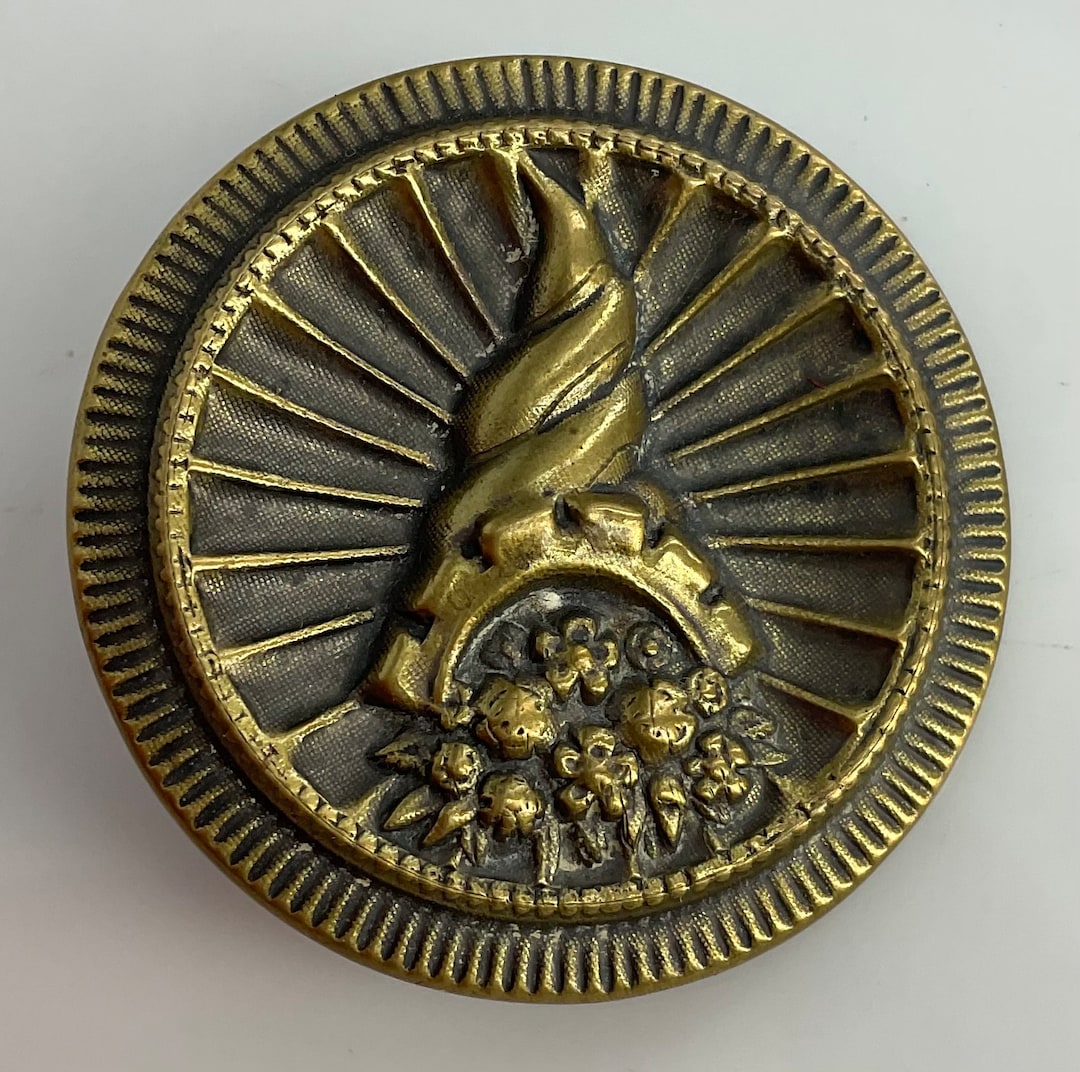 Big Cornucopia of Flowers Antique Metal Picture Button Old Pictorial ...