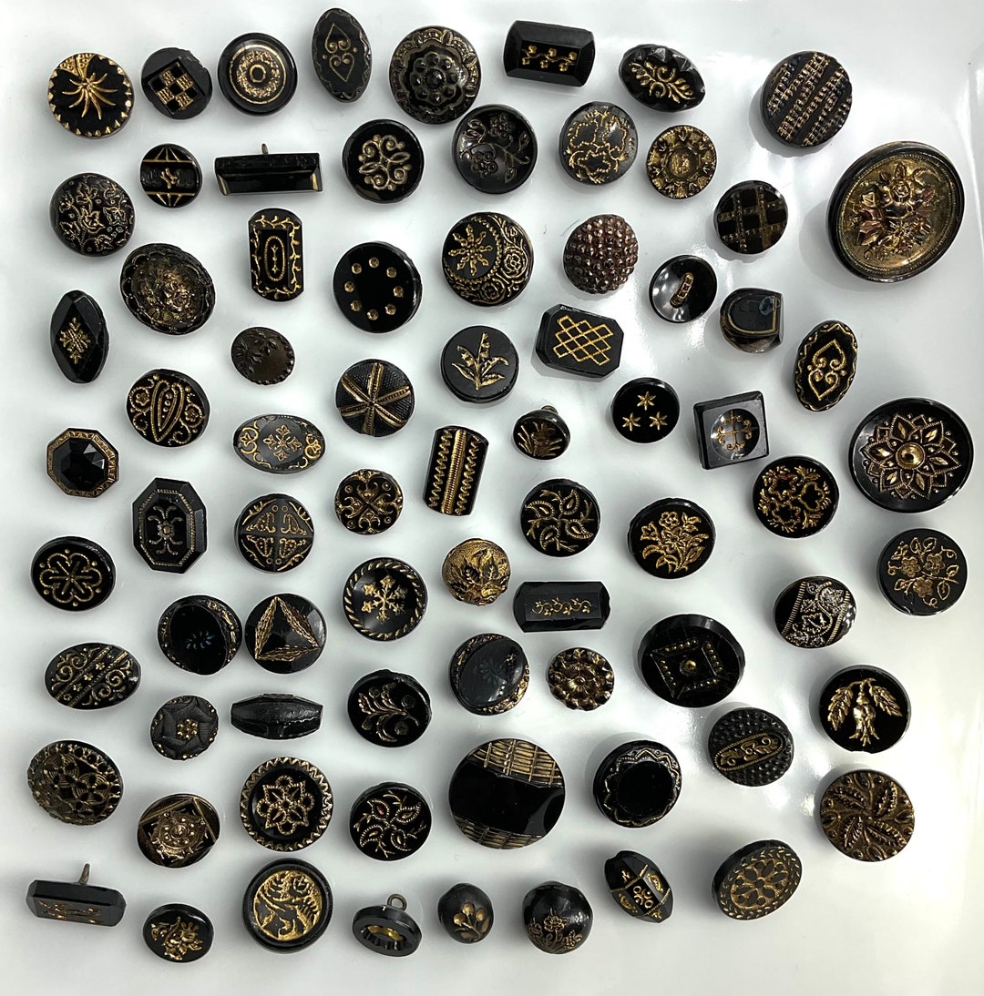 Lot 75 Antique Black Glass Gold Luster Outline Antique Buttons Old ...