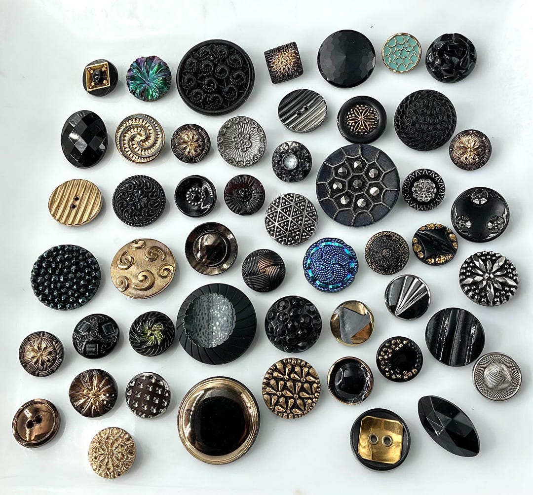 Bulk Lot 50 Vintage Black Glass Buttons Variety Gold Silver Luster ...