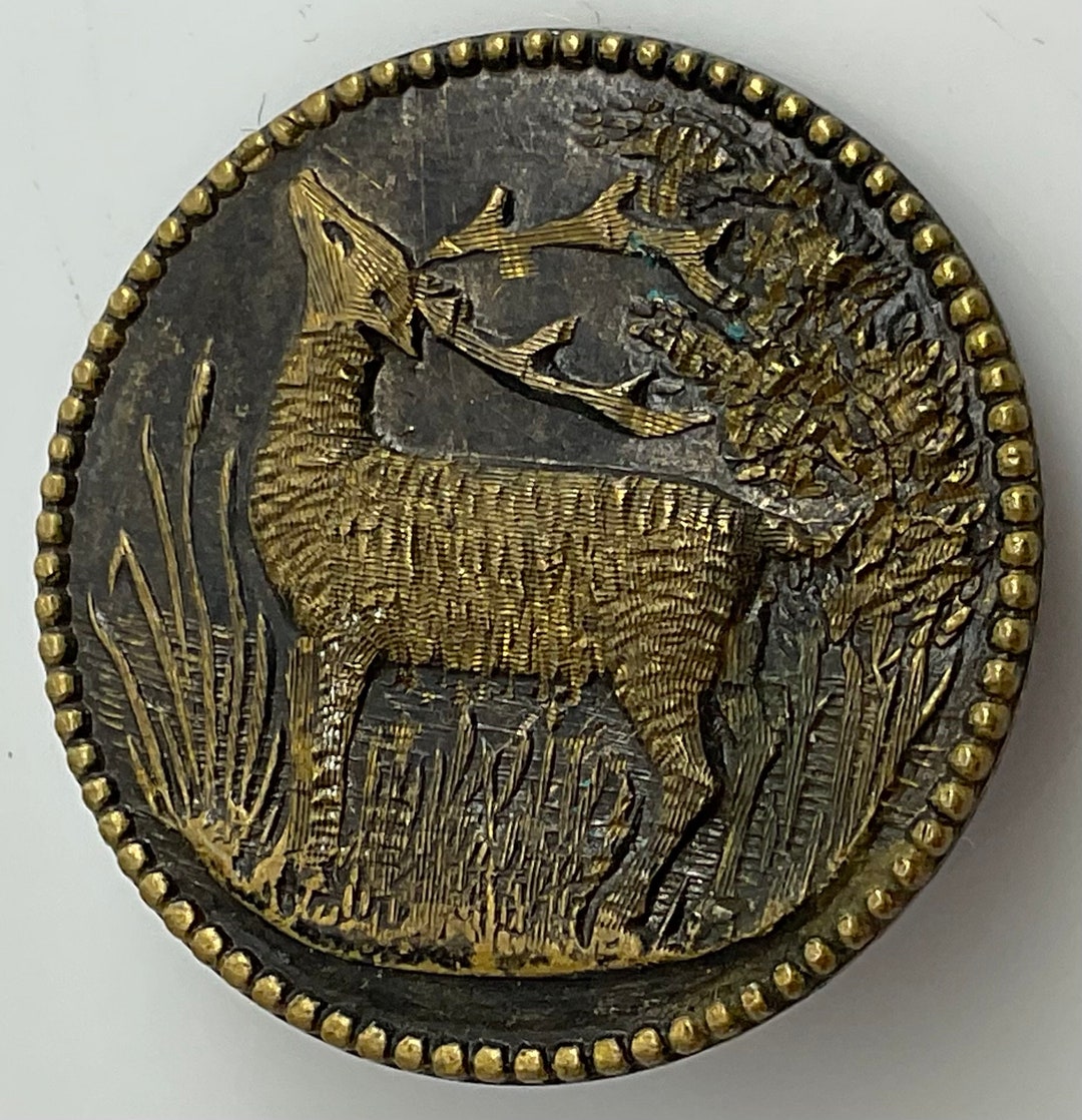 Deer Stag Forest Medium Antique Etched Metal Picture Button Old ...