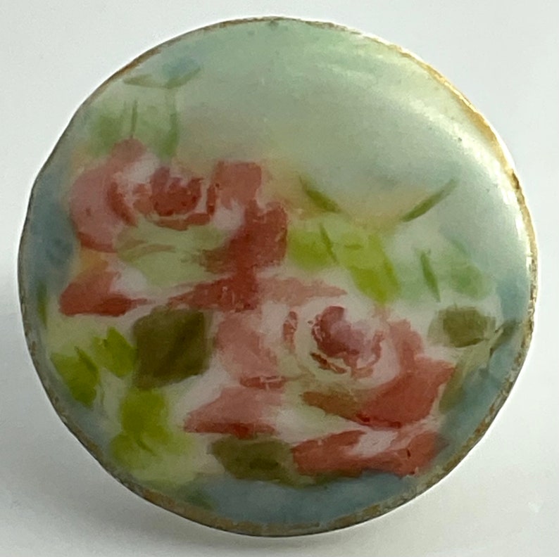 Pink Roses Flowers Antique Painted Porcelain Stud Button Old Floral ...