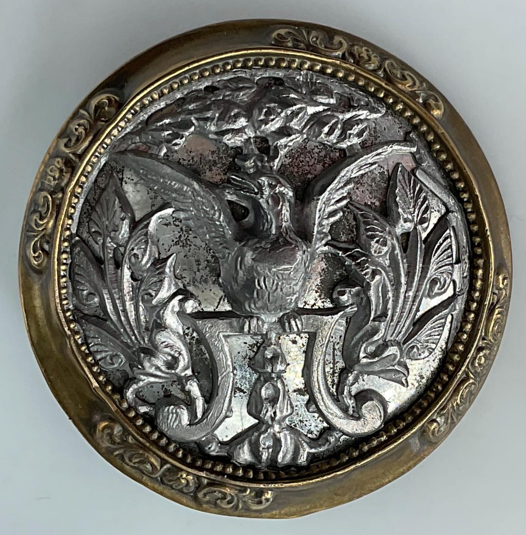 Large Bird Pedestal Perch Antique Metal Picture Button Old Pictorial ...